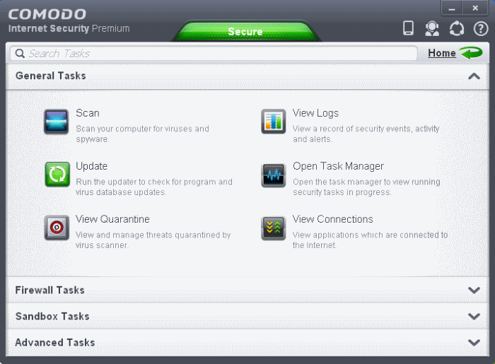 Internet Security Software Tasks Interface, Internet Security v6.2 | COMODO